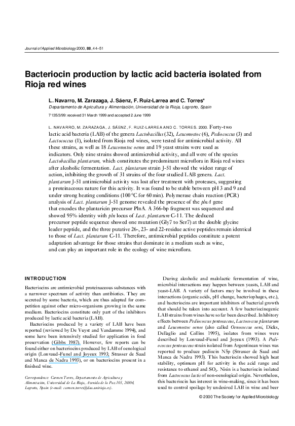 (PDF) Bacteriocin production by lactic acid bacteria isolated from Rioja red wines: L. NAVARRO ET AL
