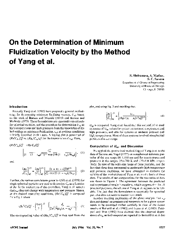 (PDF) On the determination of minimum fluidization velocity by the method of yang et al