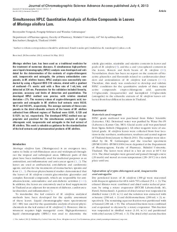 Pdf Simultaneous Hplc Quantitative Analysis Of Active Compounds In Leaves Of Moringa Oleifera Lam