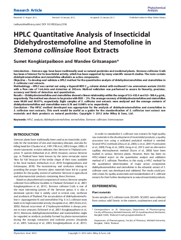 (PDF) HPLC Quantitative Analysis of Insecticidal Didehydrostemofoline ...