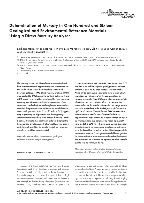 (PDF) Determination of Mercury in One Hundred and Sixteen Geological ...
