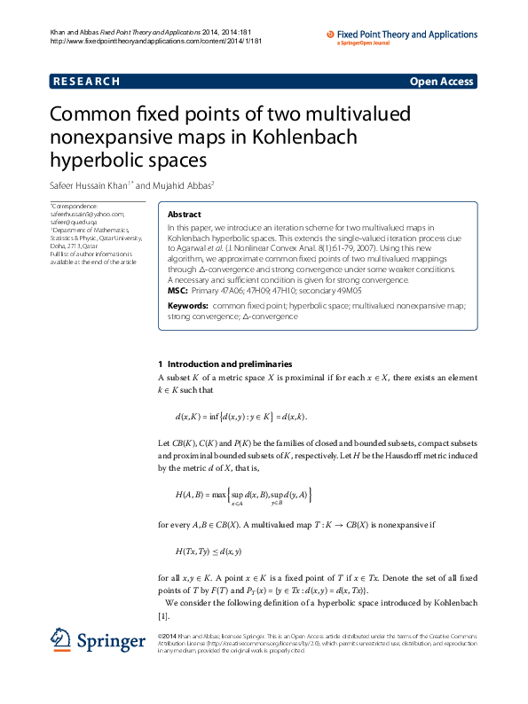 (PDF) Common fixed points of two multivalued nonexpansive mappings by one-step iterative scheme