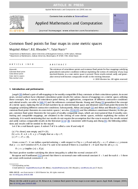Pdf Common Fixed Points For Four Maps In Cone Metric Spaces