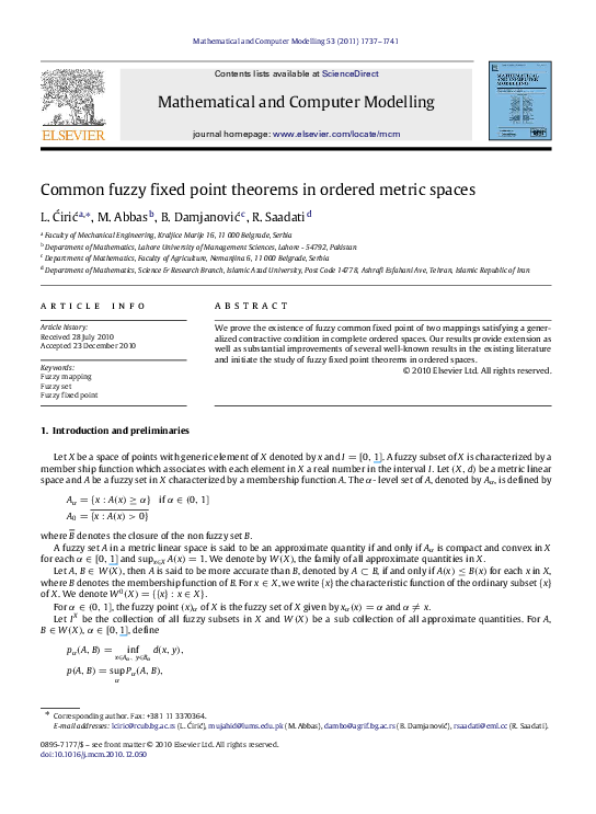 Pdf Common Fuzzy Fixed Point Theorems In Ordered Metric Spaces