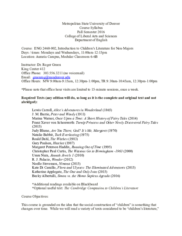 (DOC) ENG 2460 Childrens Literature Syllabus Fall 2016 | Roger Green ...