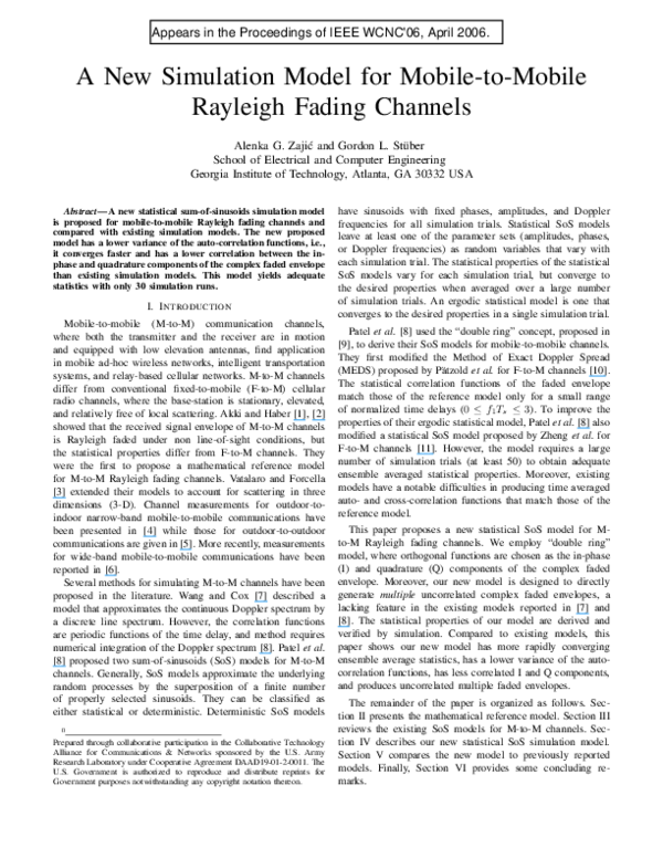 (PDF) A new simulation model for mobile-to-mobile Rayleigh fading channels