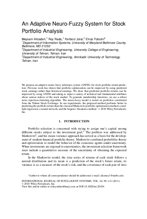 (PDF) An adaptive neuro-fuzzy system for stock portfolio analysis