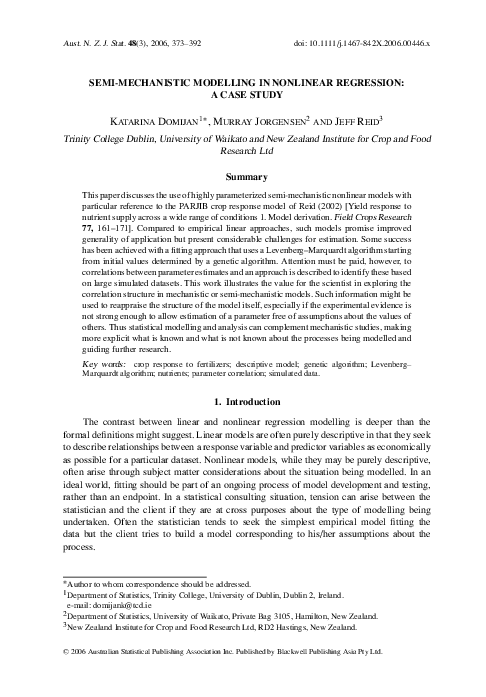 (PDF) Semi-Mechanistic Modelling in Nonlinear Regression: A Case Study