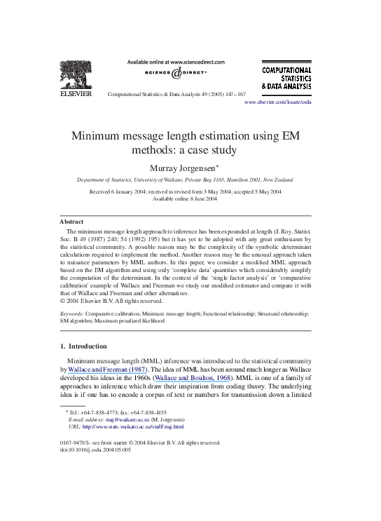(PDF) Minimum Message Length estimation using EM methods: a case study