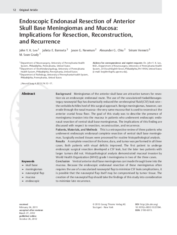 (PDF) Endoscopic endonasal resection of anterior skull base meningiomas and mucosa: implications ...