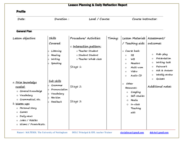 (PDF) ESL lesson planning and daily reflection reports