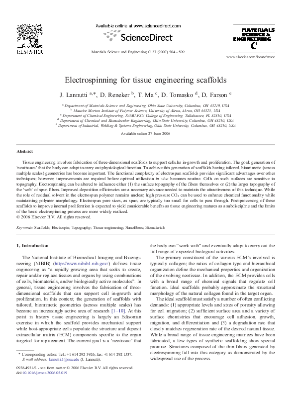 (PDF) Electrospinning for tissue engineering scaffolds