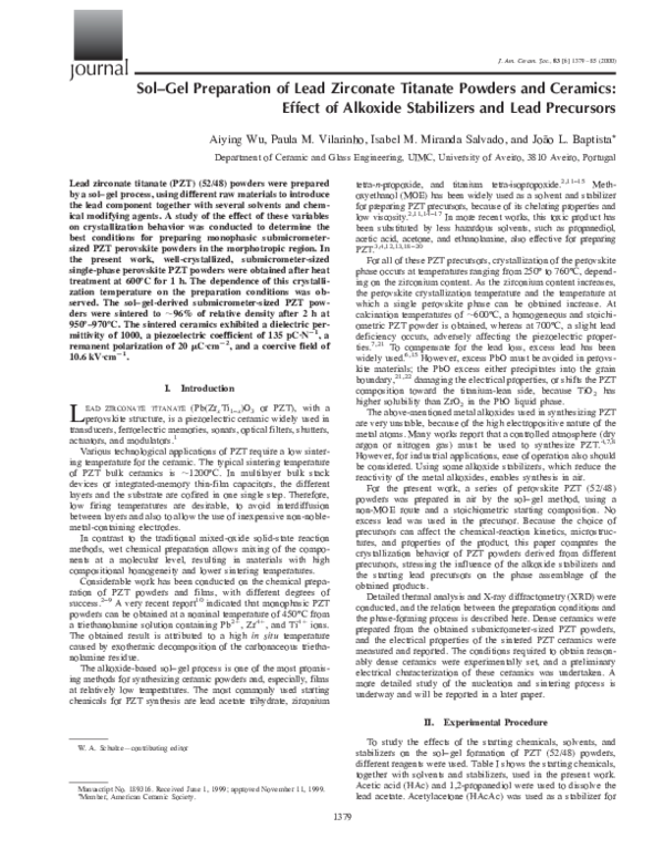 (PDF) Sol-Gel Preparation of Lead Zirconate Titanate Powders and Ceramics: Effect of Alkoxide ...