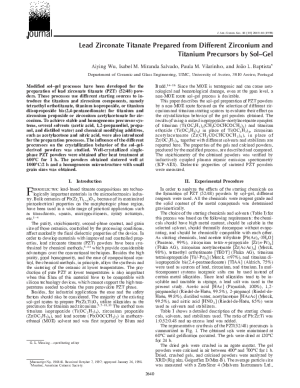 (PDF) Lead Zirconate Titanate Prepared from Different Zirconium and Titanium Precursors by Sol-Gel