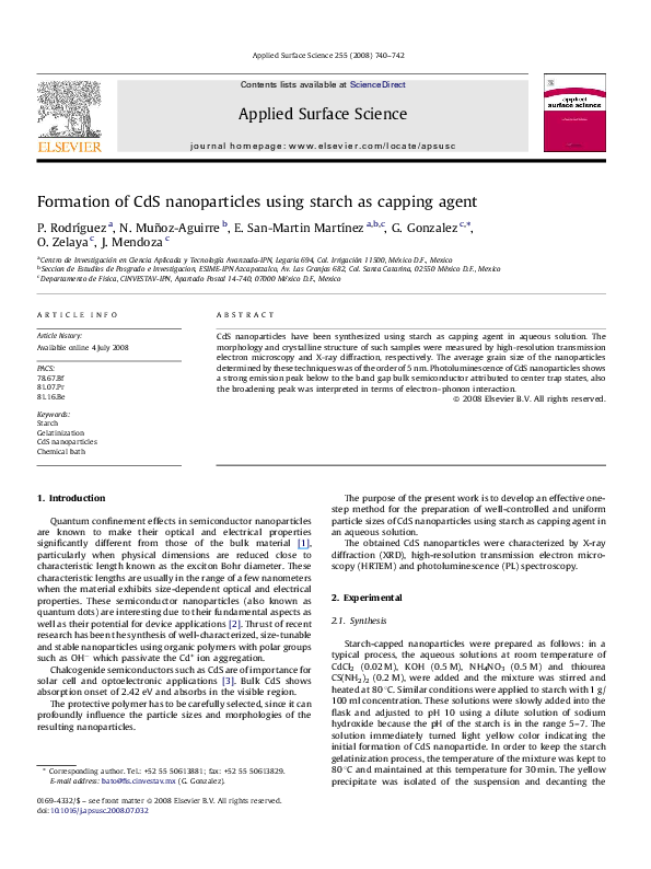(PDF) Formation of CdS nanoparticles using starch as capping agent