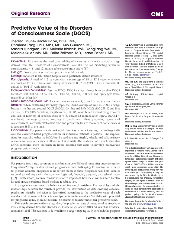 (PDF) Predictive Value of the Disorders of Consciousness Scale (DOCS