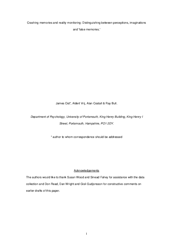 (PDF) Crashing memories and reality monitoring: distinguishing between ...