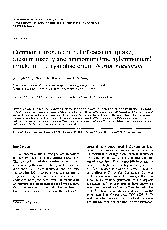(PDF) Common nitrogen control of caesium uptake, caesium toxicity and ...