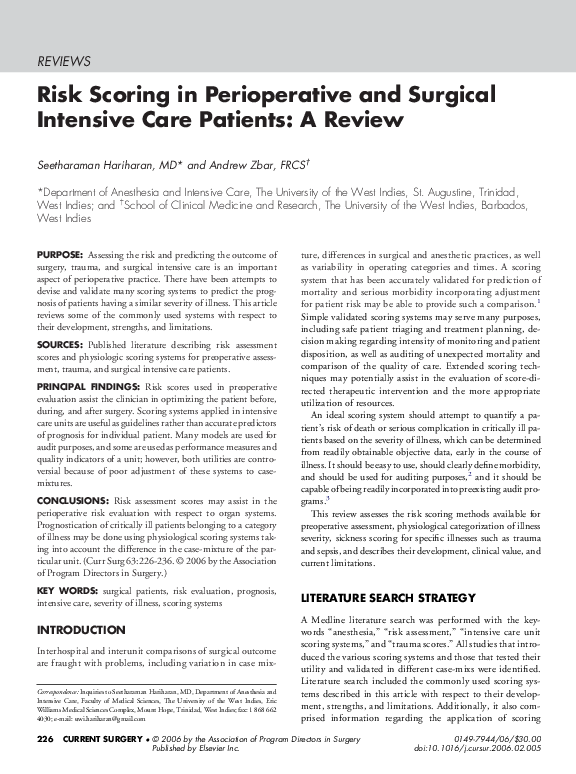 (PDF) Risk Scoring in Perioperative and Surgical Intensive Care ...