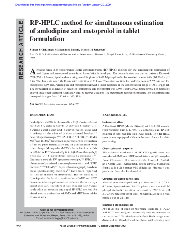 Pdf Rp Hplc Method For Simultaneous Estimation Of Amlodipine And Metoprolol In Tablet Formulation