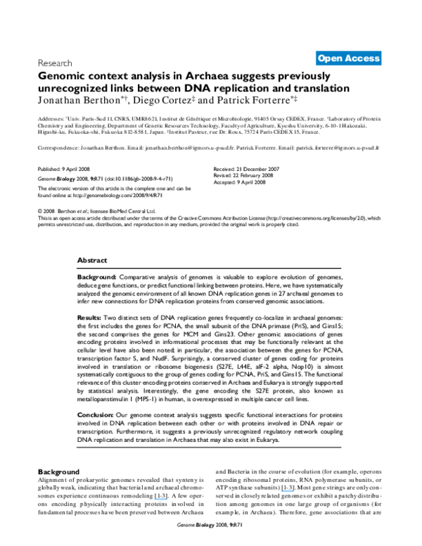 (PDF) Genomic context analysis in Archaea suggests previously ...