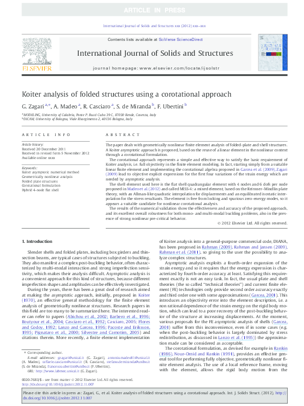 Koiter analysis of folded structures using a corotational approach
