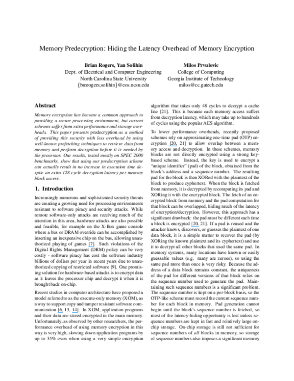 (PDF) Memory predecryption: hiding the latency overhead of memory ...