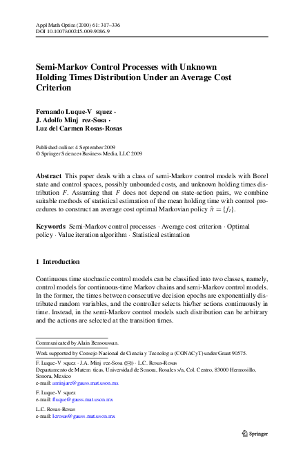 Pdf Semi Markov Control Processes With Unknown Holding Times