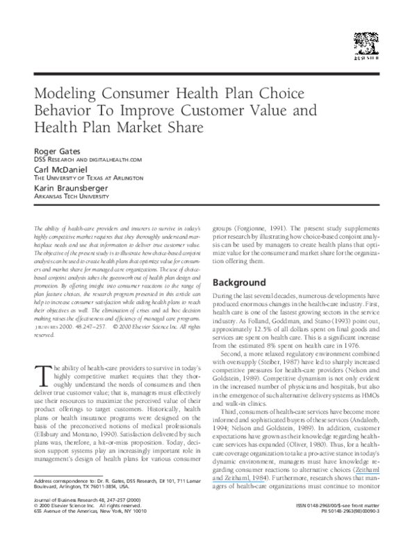 Modeling Consumer Health Plan Choice Behavior To Improve Customer Value ...
