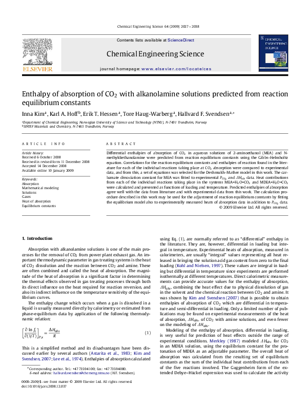 (PDF) Enthalpy of absorption of CO 2 with alkanolamine solutions predicted from reaction ...