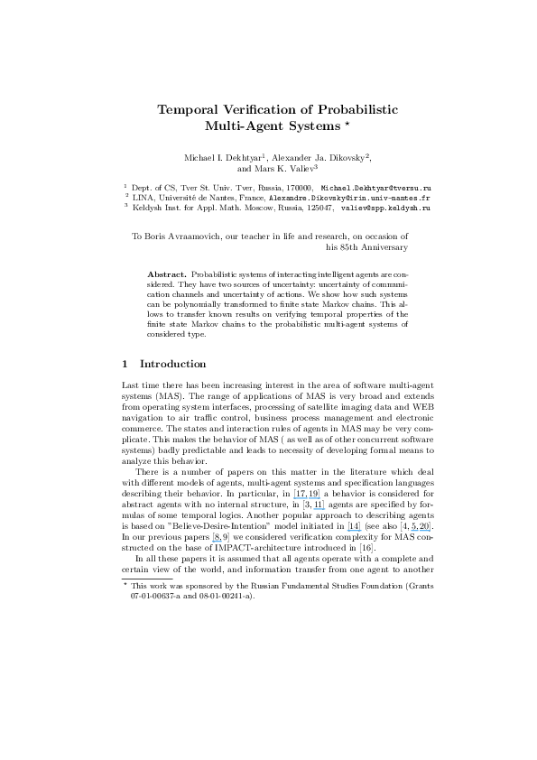 (PDF) Temporal Verification of Probabilistic Multi-Agent Systems
