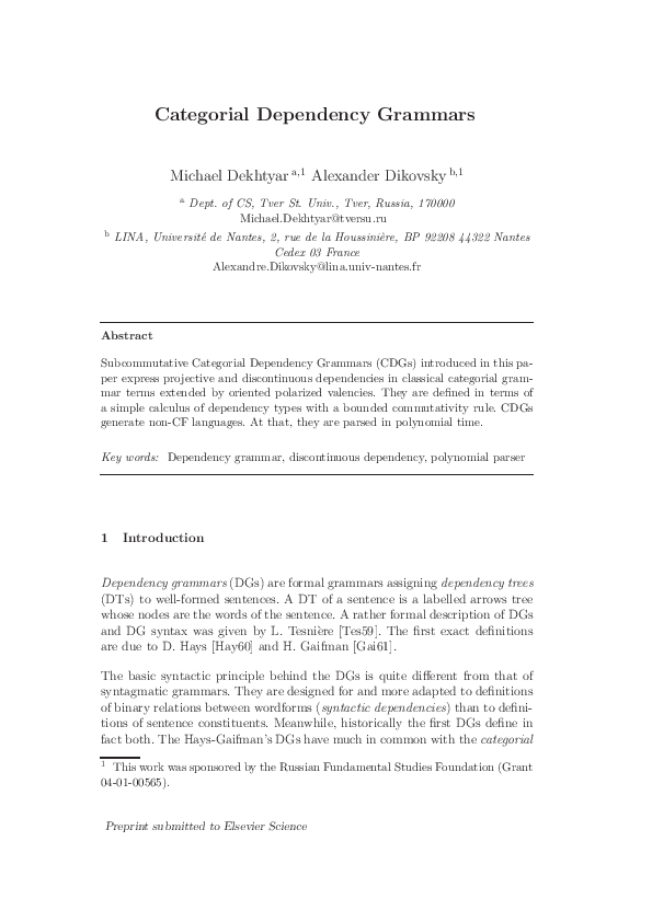 (PDF) Categorial dependency grammars