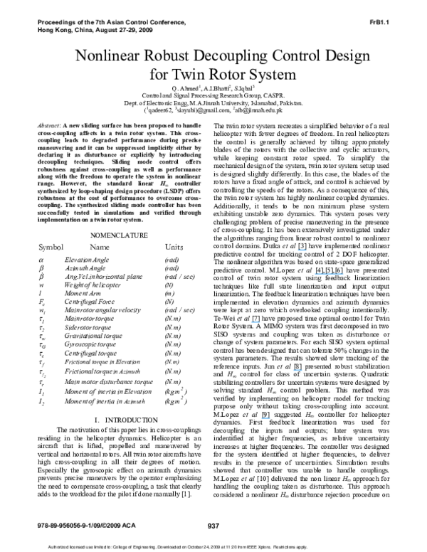 (PDF) Nonlinear robust decoupling control design for twin rotor system