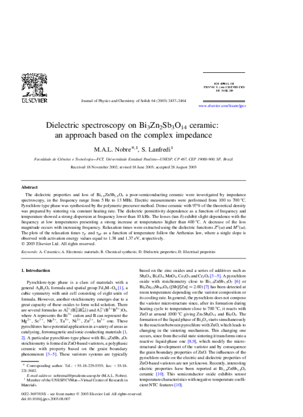 (PDF) Dielectric spectroscopy on Bi 3Zn 2Sb 3O 14 ceramic: an approach based on the complex ...