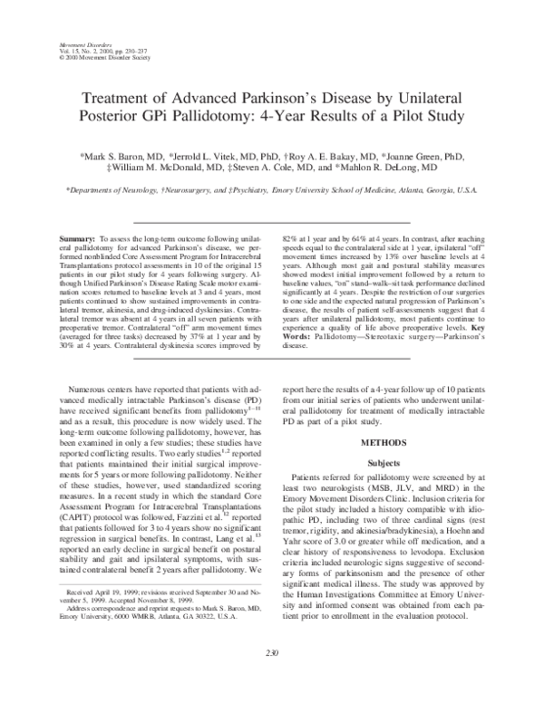 (PDF) Treatment of advanced Parkinson's disease by unilateral posterior ...