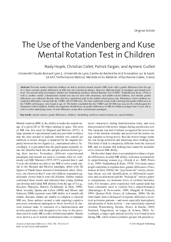 (PDF) The Use of the Vandenberg and Kuse Mental Rotation Test in Children