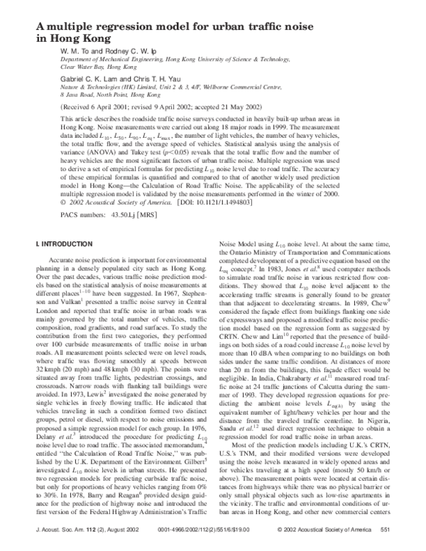 Pdf A Multiple Regression Model For Urban Traffic Noise In Hong Kong