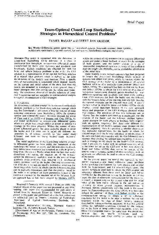 (PDF) Team-optimal closed-loop Stackelberg strategies in hierarchical control problems