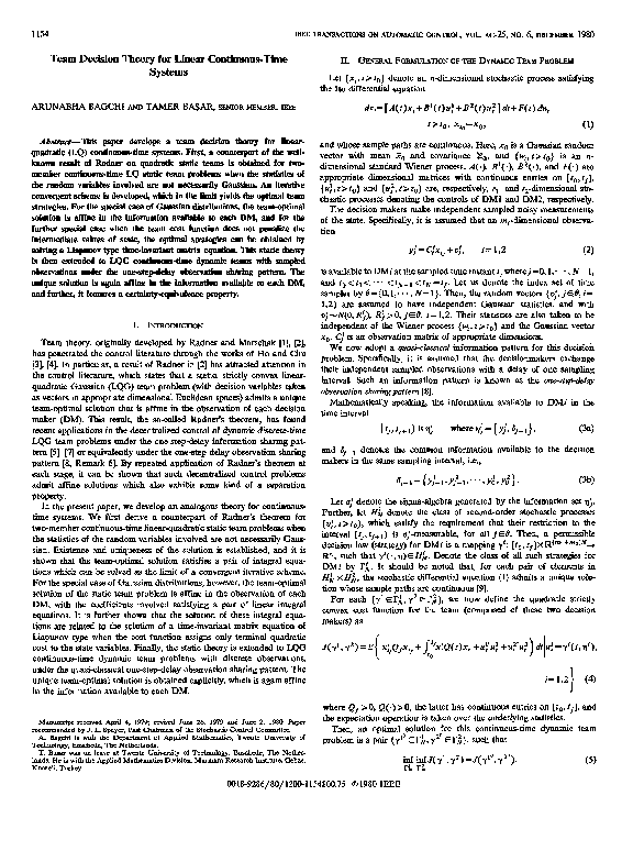 (PDF) Team decision theory for linear continuous-time systems | Tamer ...