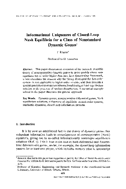 (PDF) Informational uniqueness of closed-loop Nash equilibria for a class of nonstandard dynamic ...