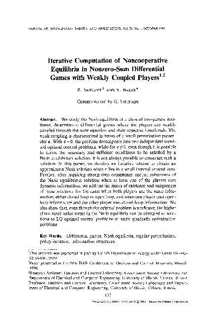 Pdf Iterative Computation Of Noncooperative Equilibria In Nonzero Sum Differential Games With