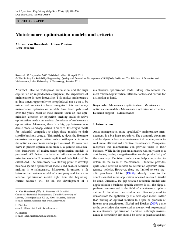 (PDF) Maintenance optimization models and criteria
