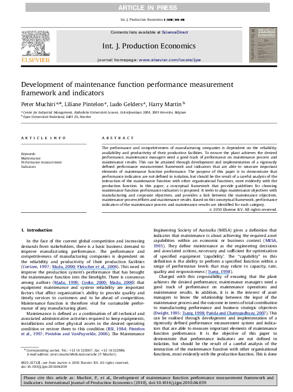 (PDF) Development of maintenance function performance measurement ...