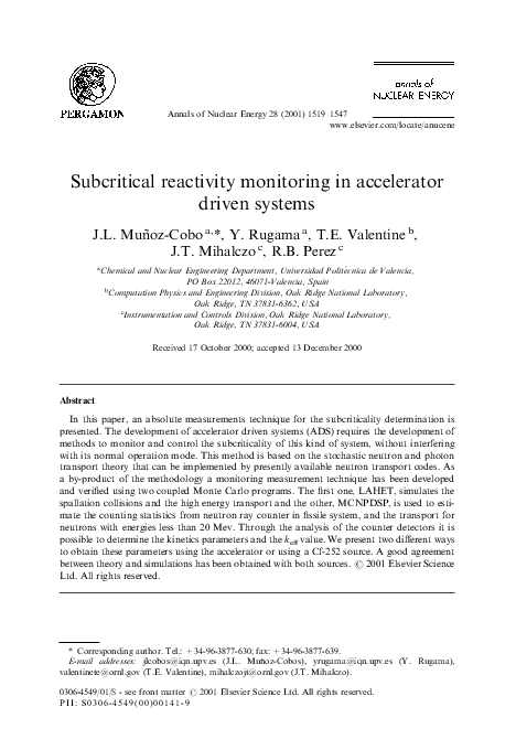 (PDF) Subcritical reactivity monitoring in accelerator driven systems