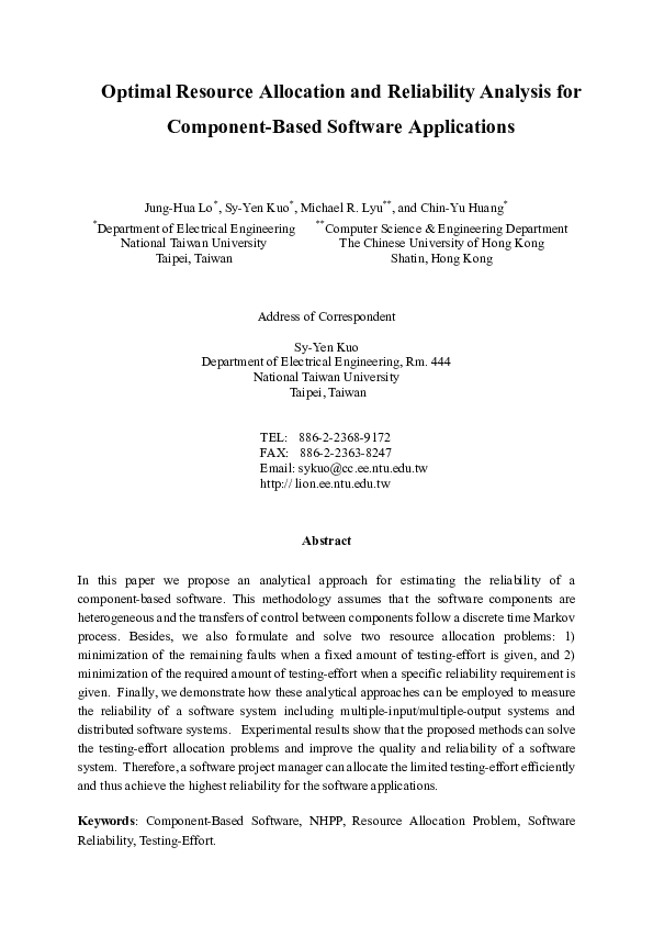 Pdf Optimal Resource Allocation And Reliability Analysis For Component Based Software Applications