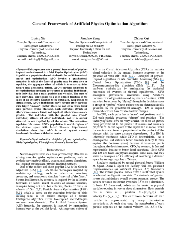 Pdf General Framework Of Artificial Physics Optimization Algorithm