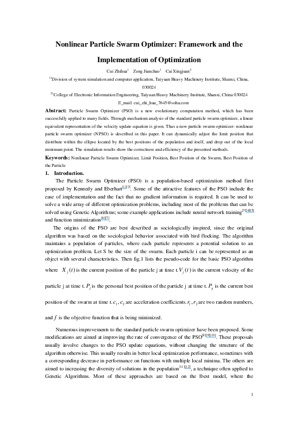 Pdf Nonlinear Particle Swarm Optimizer Framework And The