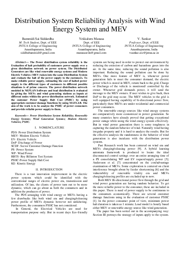 Pdf Distribution System Reliability Analysis With Wind Energy System And Mev
