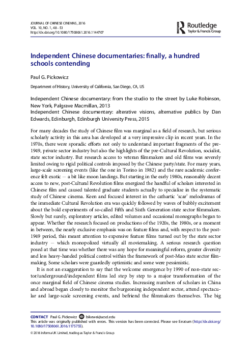 (PDF) Independent Chinese documentaries: finally, a hundred schools ...