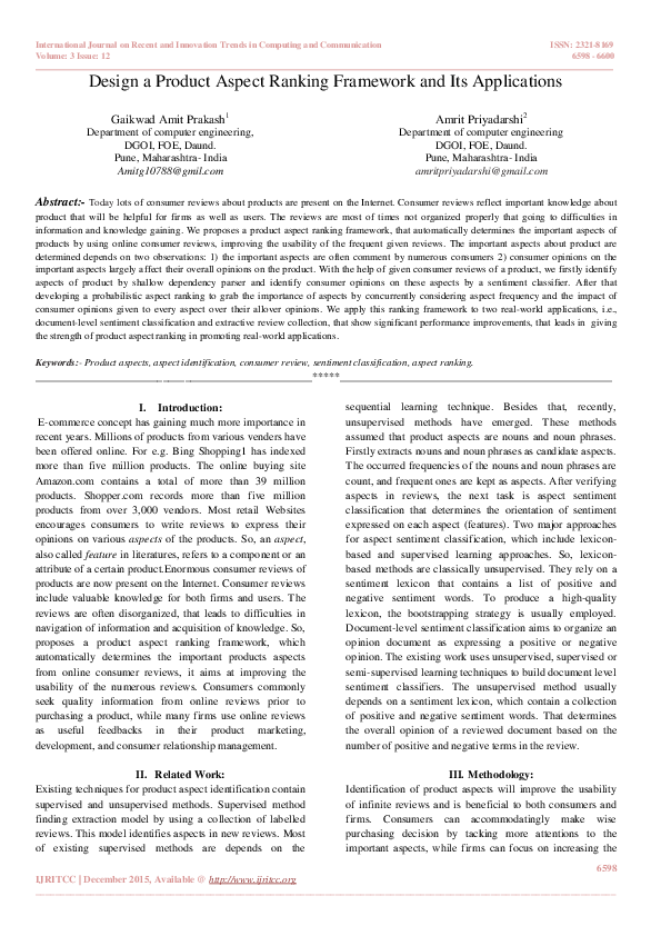 (PDF) Design a Product Aspect Ranking Framework and Its Applications ...
